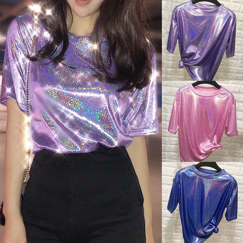 summer retro style stylish bright silk tops shiny loose short sleeve ...