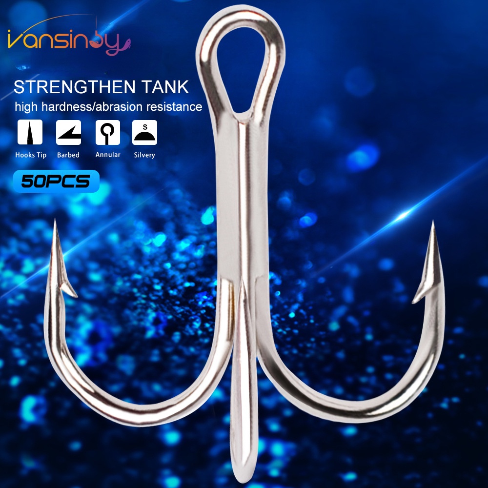 50pcs High Carbon Steel Treble Fishing Hooks 2#/4#/6#/8#/10# Super Sharp Solid Triple Barbed ...