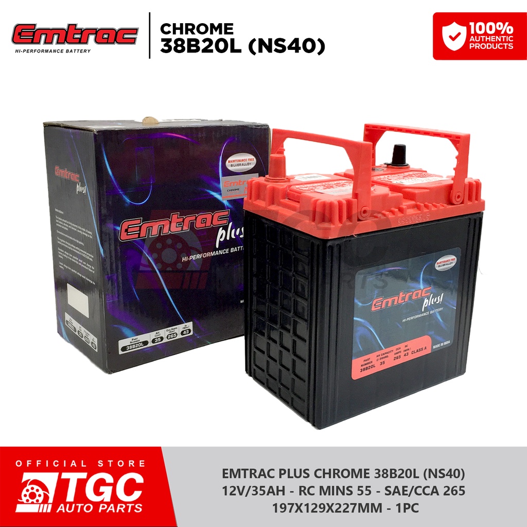 EMTRAC PLUS Chrome 38B20L (NS40) 12V / 35 AH RC mins 55 SAE/CCA 265 197x129x227mm 1pc | Shopee ...