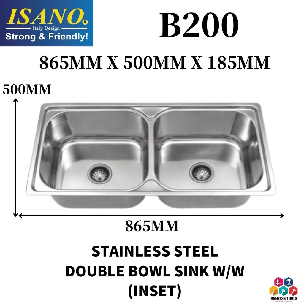 ''ISANO'' STAINLESS STEEL DOUBLE BOWL SINK W/W (INSET) -865MM X 500MM X ...