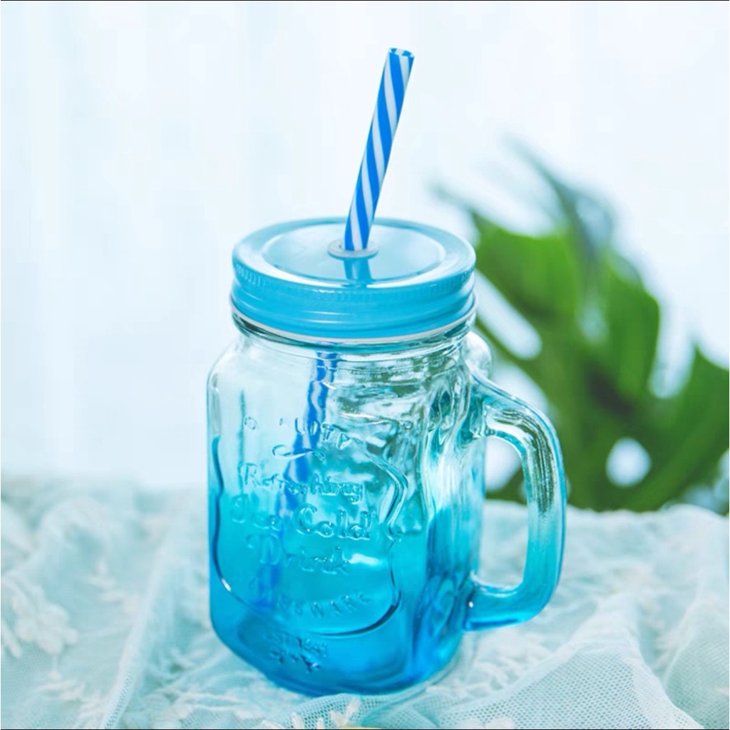 500ml Colored Mason Jar With Reusable Straw Bottle Glass Mug Emboss ...