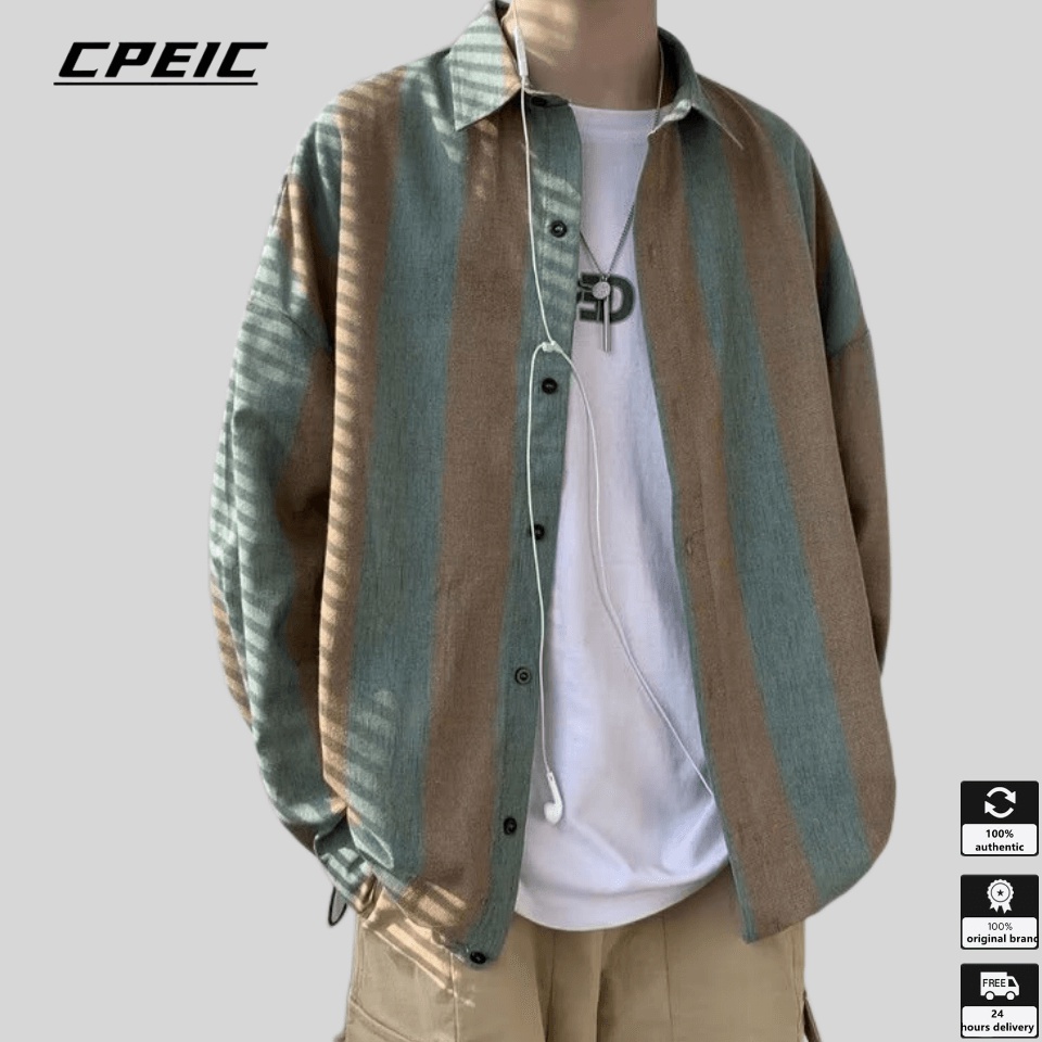 ☆CPEIC☆【M-3XL】Stripe Long Sleeve Shirt Men's Japanese Vintage Loose ...