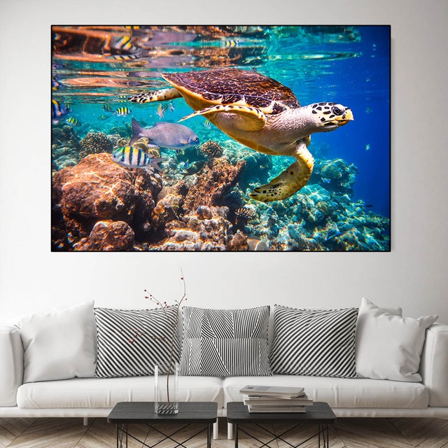 Frameless Modern Sea Turtle Canvas Painting Blue Ocean Posters and ...