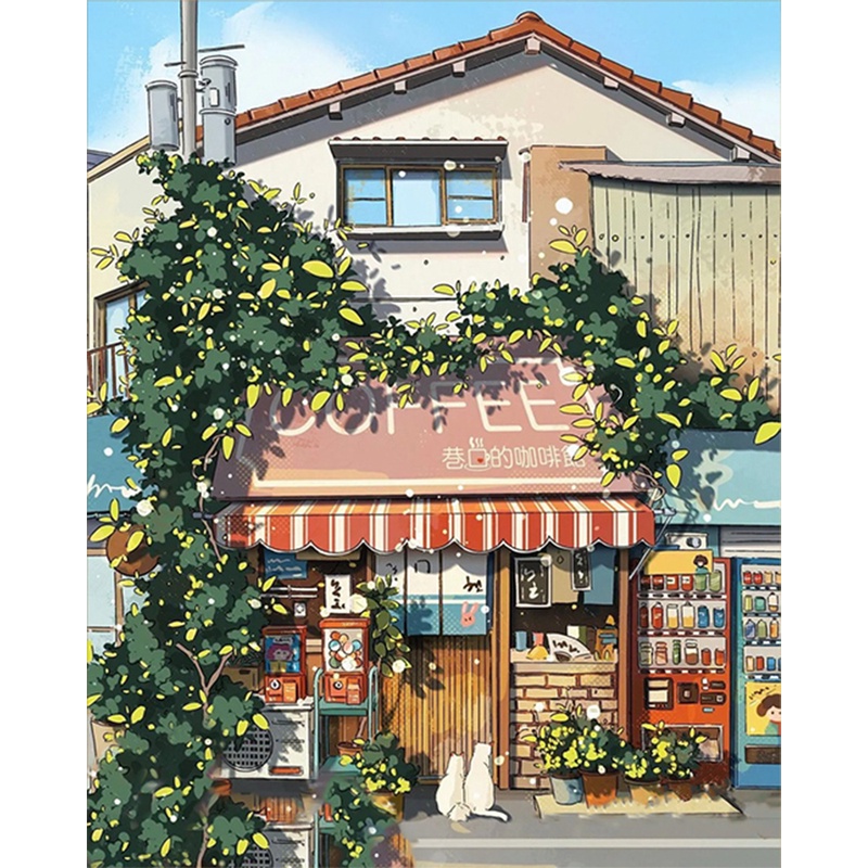 [ORFON] Paint by numbers 40*50 cm DIY frame hand-painted to heal Japanese-style architecture ...