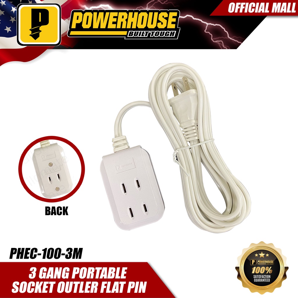 POWERHOUSE Electric Extension Cord 3 gang Portable Socket Outlet Flat ...