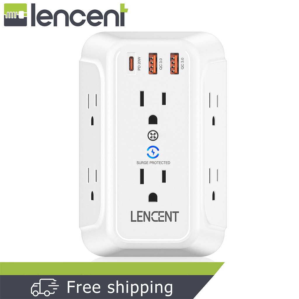 Lencent 20W PD QC3.0 USB Wall Charger, Surge Protector 6 Outlets 2 USB ...