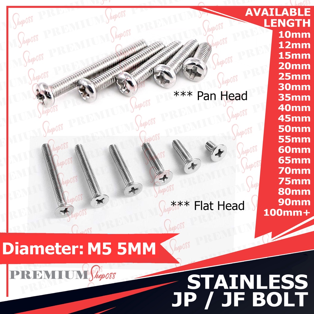5/10pcs M5 5MM Stainless Flat Head Pan Head Bolt JF JP SS Phillips ...