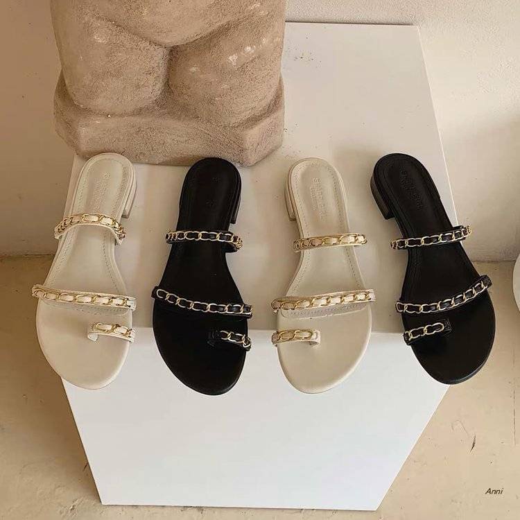 Ladies Sandals Women Shoes Flat Heel Cover Toe Slippers Beach Chain ...