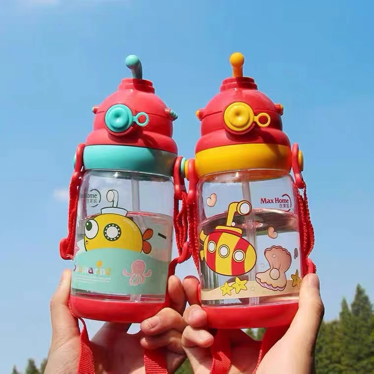 520ml Children's water cup summer plastic cup portable cute cartoon with straw Student backpack ...