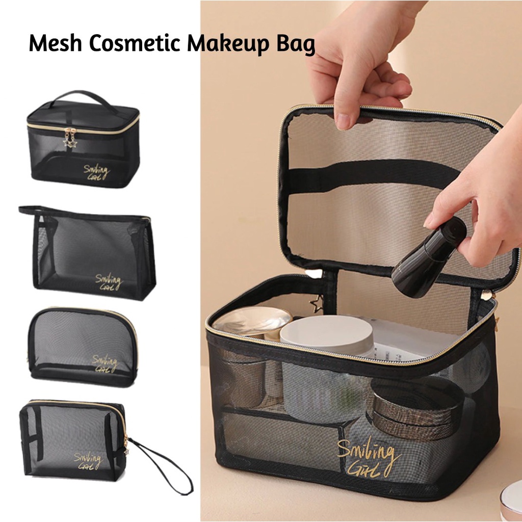 BS Mesh Cosmetic Bag Mesh Zipper Travel Storage Bag Toiletry Bag Makeup ...