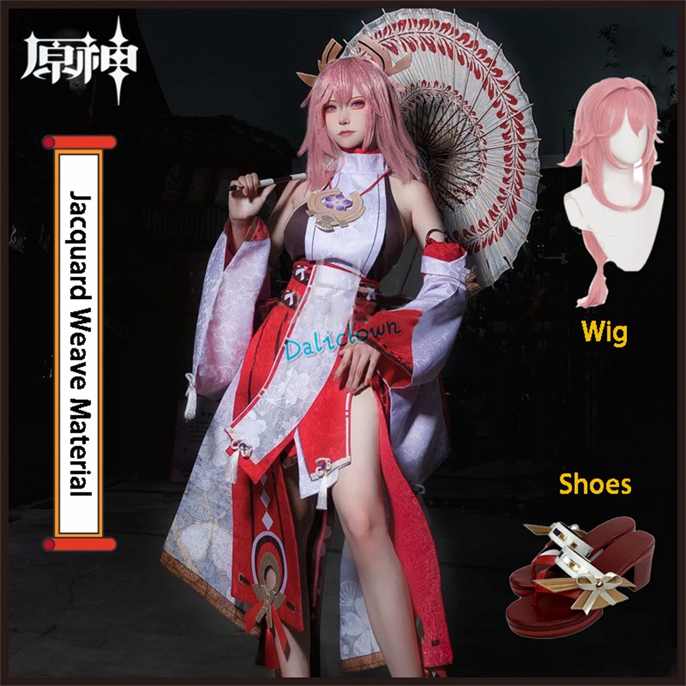 Genshin Impact Miko Yae Guuji Cosplay Costume Cos Wigs Shoes Anime