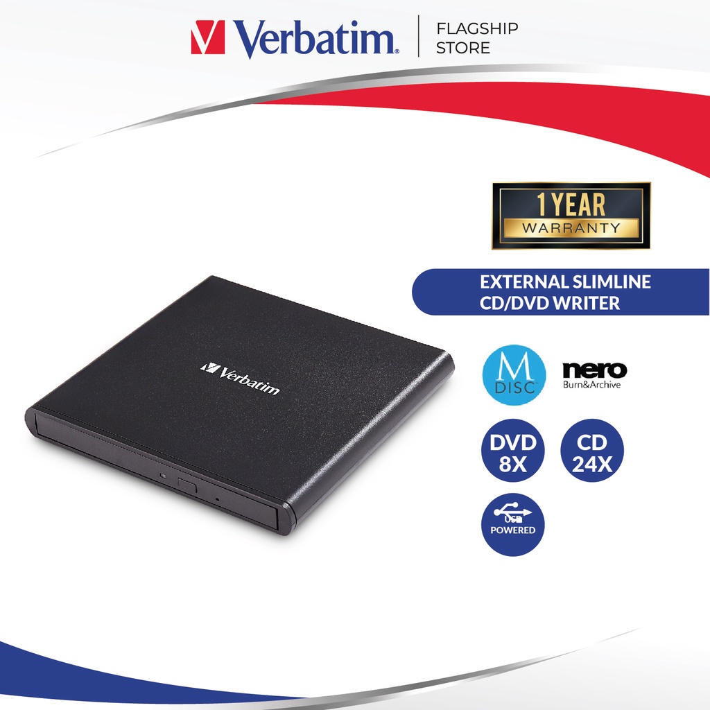 Verbatim CDR-98938 Slim External CD/DVD Writer Compact & Lightweight ...