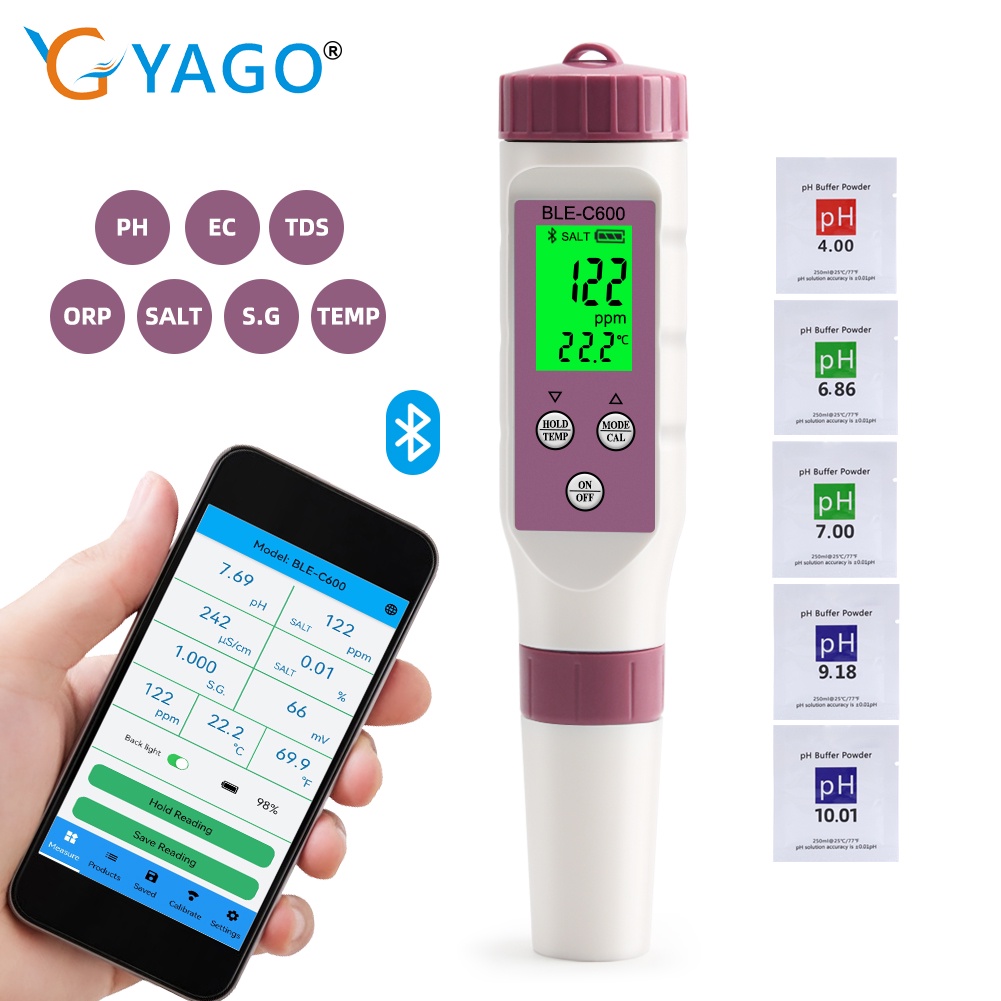 YAGO Smart Bluetooth PH Meter PH Tester with ATC, 7-in-1 PH/TDS/EC/ORP ...