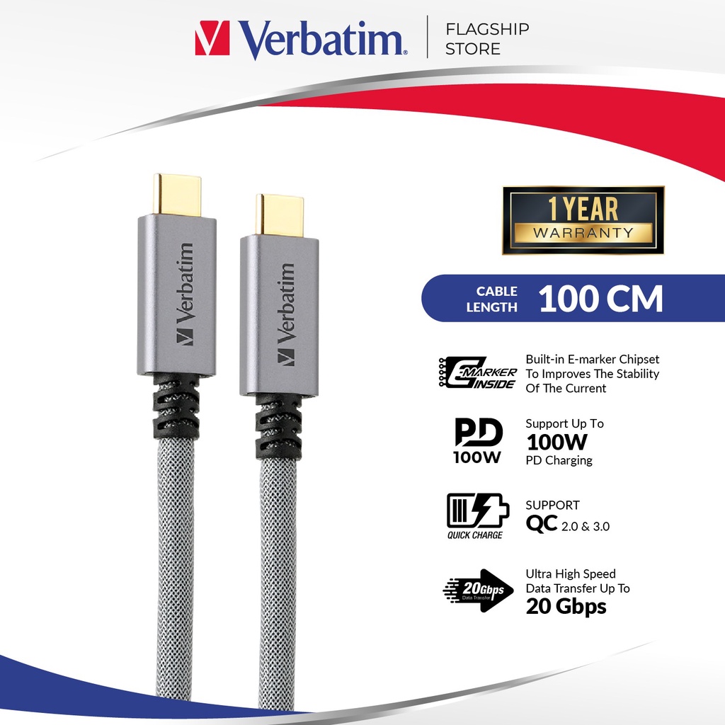 Verbatim CAB-65684 100cm Type C-Type C Cable, Supports QC and PD ...