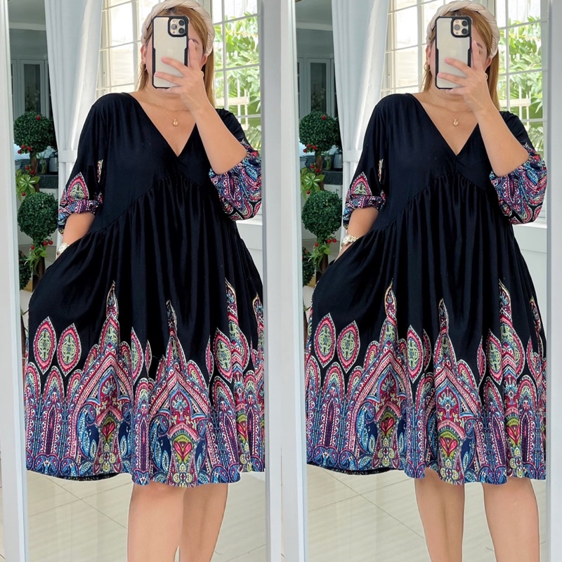 Plus Size 2XL-3XL Printed Anya Shirred V Neck Dress / Cotton Spandex ...