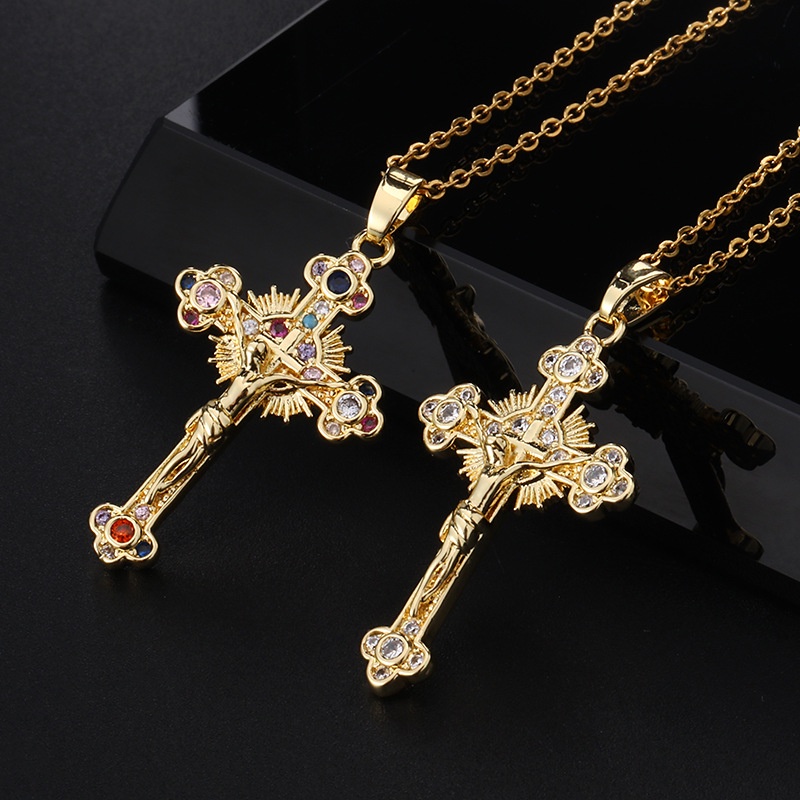 18K Zircon Slightly Inlaid Colorful Cross Necklace Pendant Retro ...