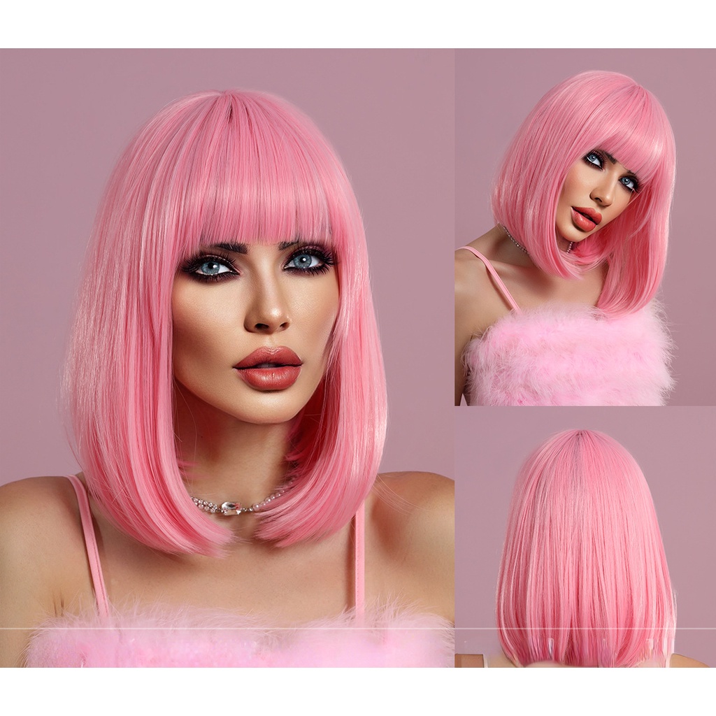 14inch New Wig Pink Bangs Short Hair Wig Set | Shopee Philippines