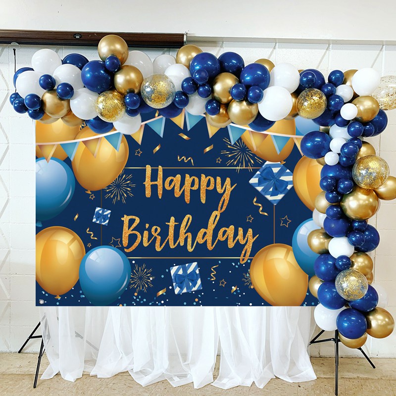 Blue Gold Balloon Happy Birthday Backdrop Decoration For Birthday Photo Studio Props Birthday ...