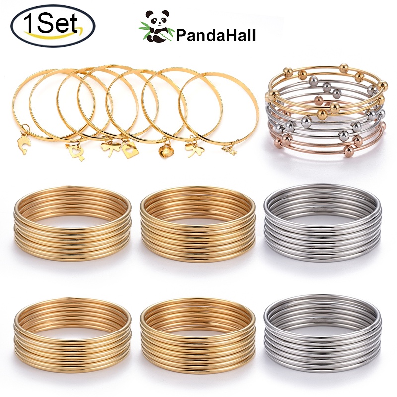 PandaHall 1Set Fashion 304 Stainless Steel Bangle Sets Golden 2-3/8 inches(6cm); 7pcs/set ...