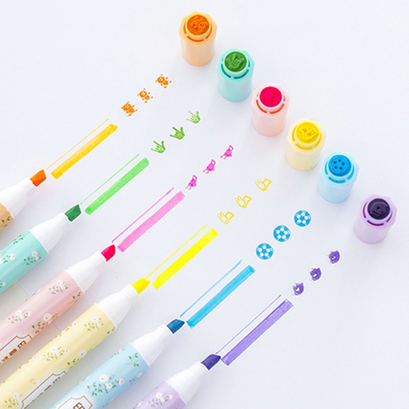 Kit 6 Pieces Neon Highlighter Pen with Stamp Pattern | Shopee Philippines