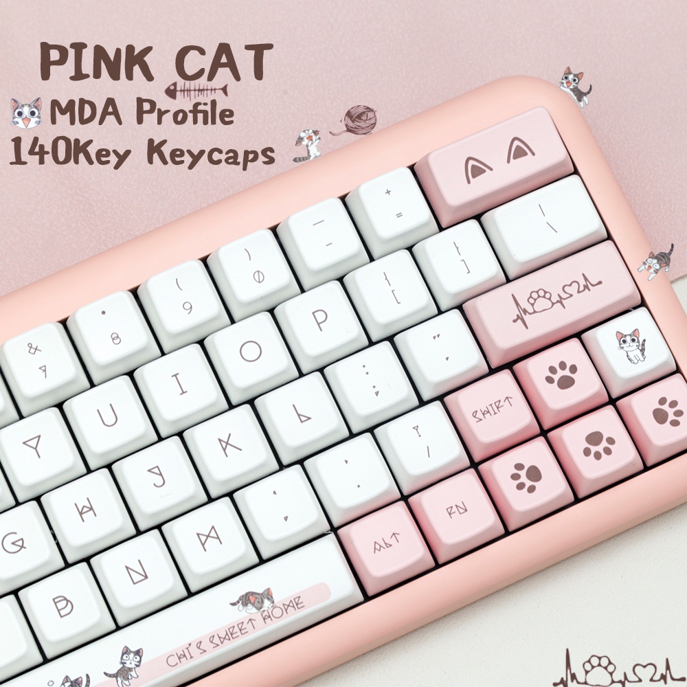 PINK CAT Keycaps 140keys MDA Profile PBT Compatible Gateron Cherry MX ...