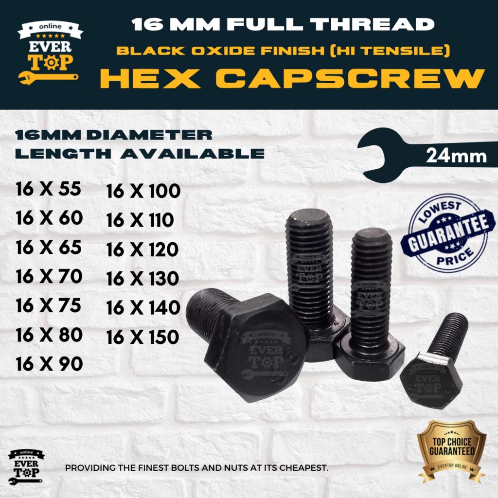 16MM (2.0P)(55MM-150MM) HEX BOLT FULL THREAD | HIGH TENSILE CAPSCREW FT ...