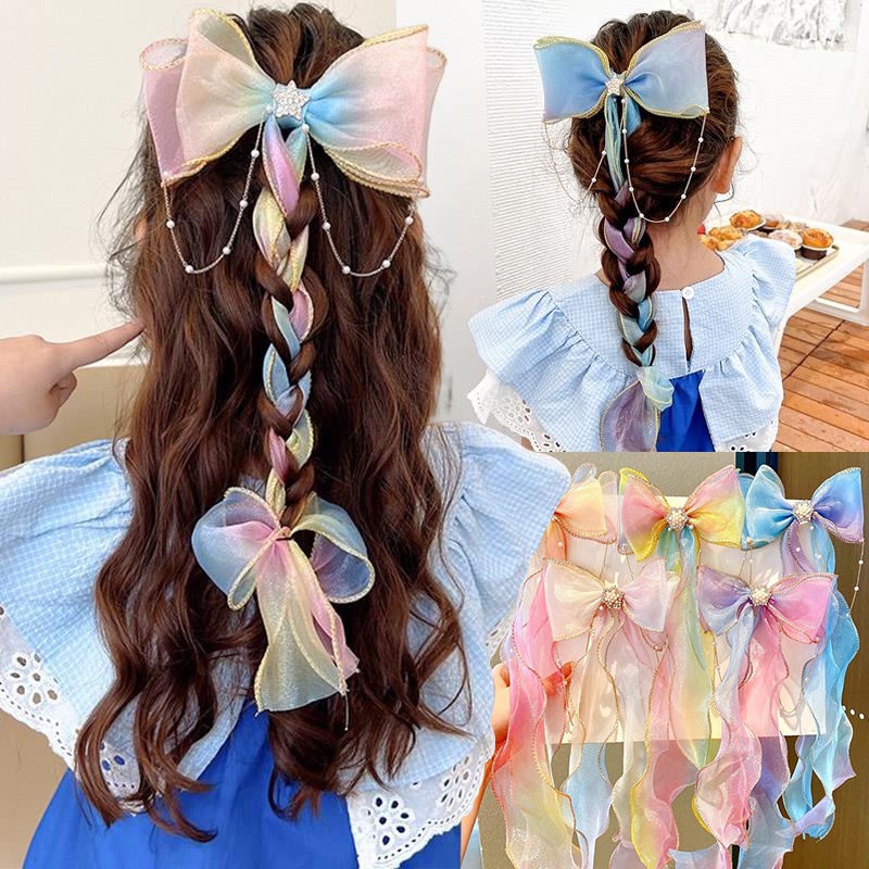 Kid's Braided Hair Ponytail Streamer Hair Band Female Tied Butterfly ...
