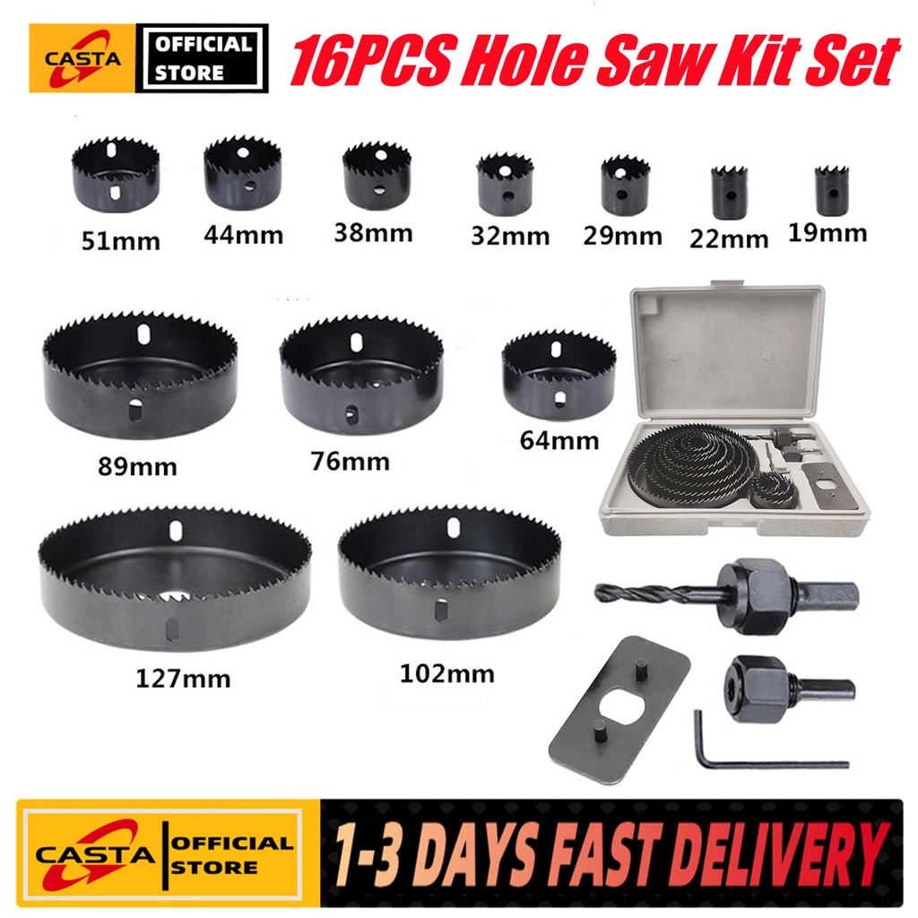 Casta 16/11/6 Pcs Hole Saw Set Kit With Ideal For Soft Wood, Plywood, Drywall, Pvc | Shopee ...