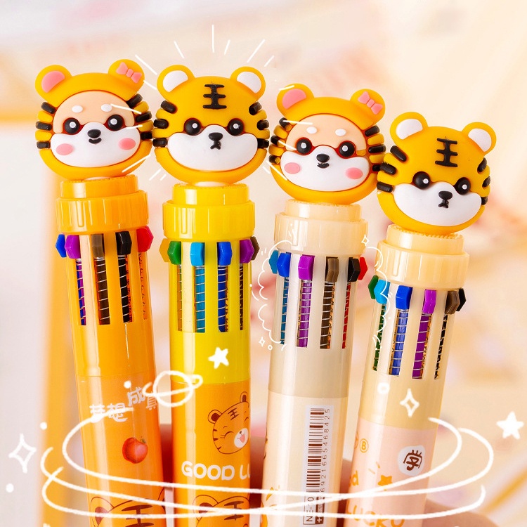 Little Tiger 10 Color Ballpoint Pen 0.5mm Cute Cartoon Push Type Ten ...