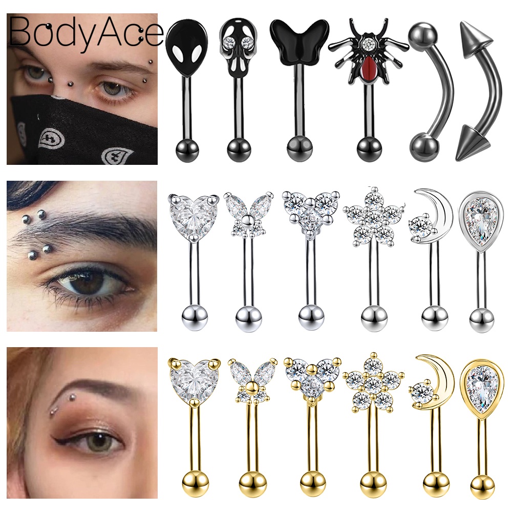 Bodyace 4 PCS Alien Eyebrow Piercing Set Crystal Eyebrow Rings Curved ...