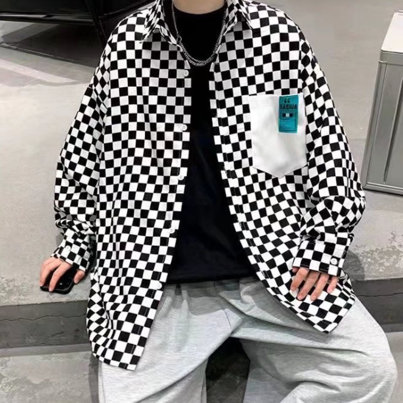 Black White Checkerboard Shirt Men Japanese Style Trendy Loose Jacket ...