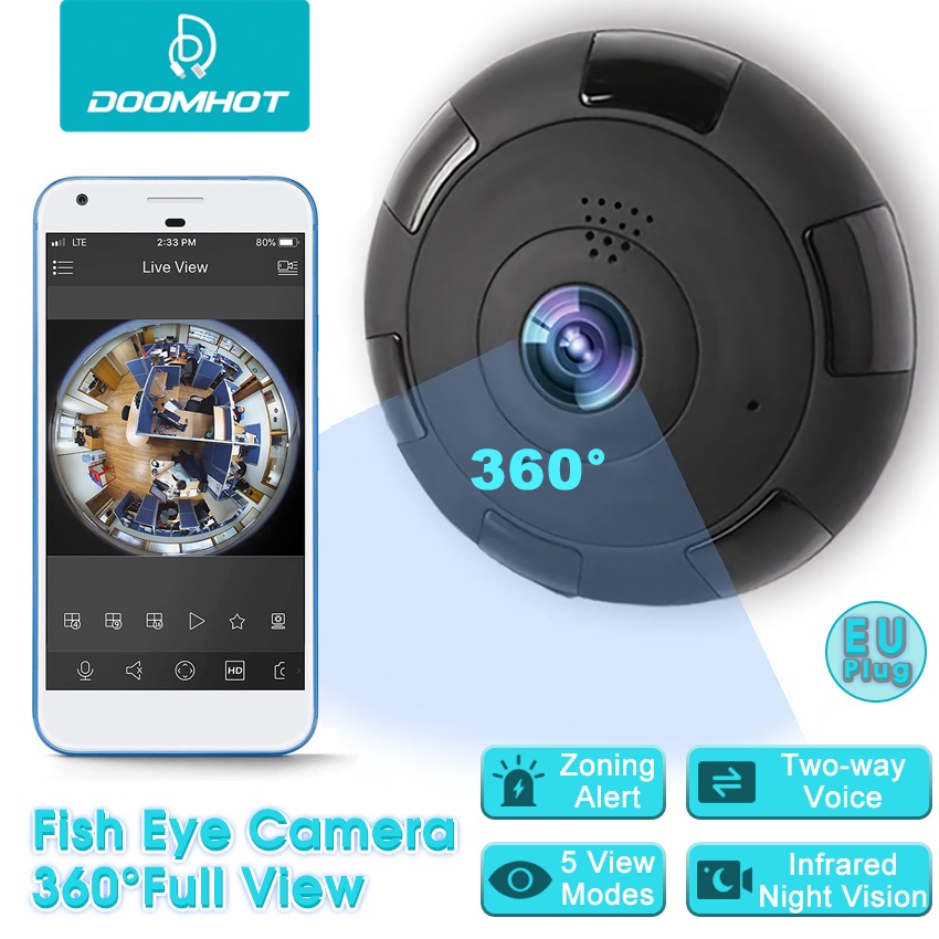 DoomHot Fish Eye Camera Surveillance WiFi Wireless 360° Panoramic IP ...