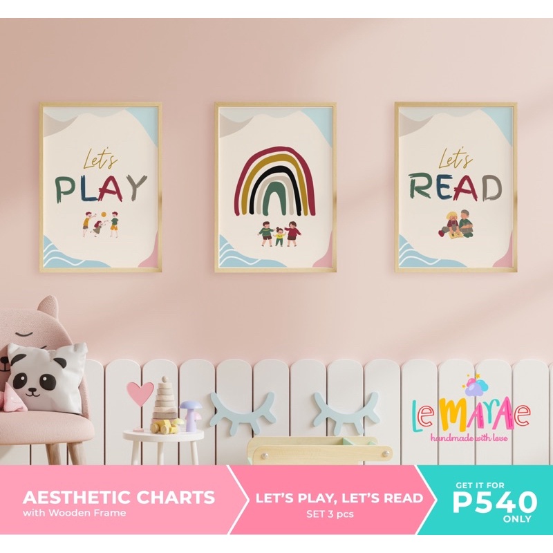 Let's Play Let's Read Set - Laminated Educational Chart A3 Wooden Frame ...