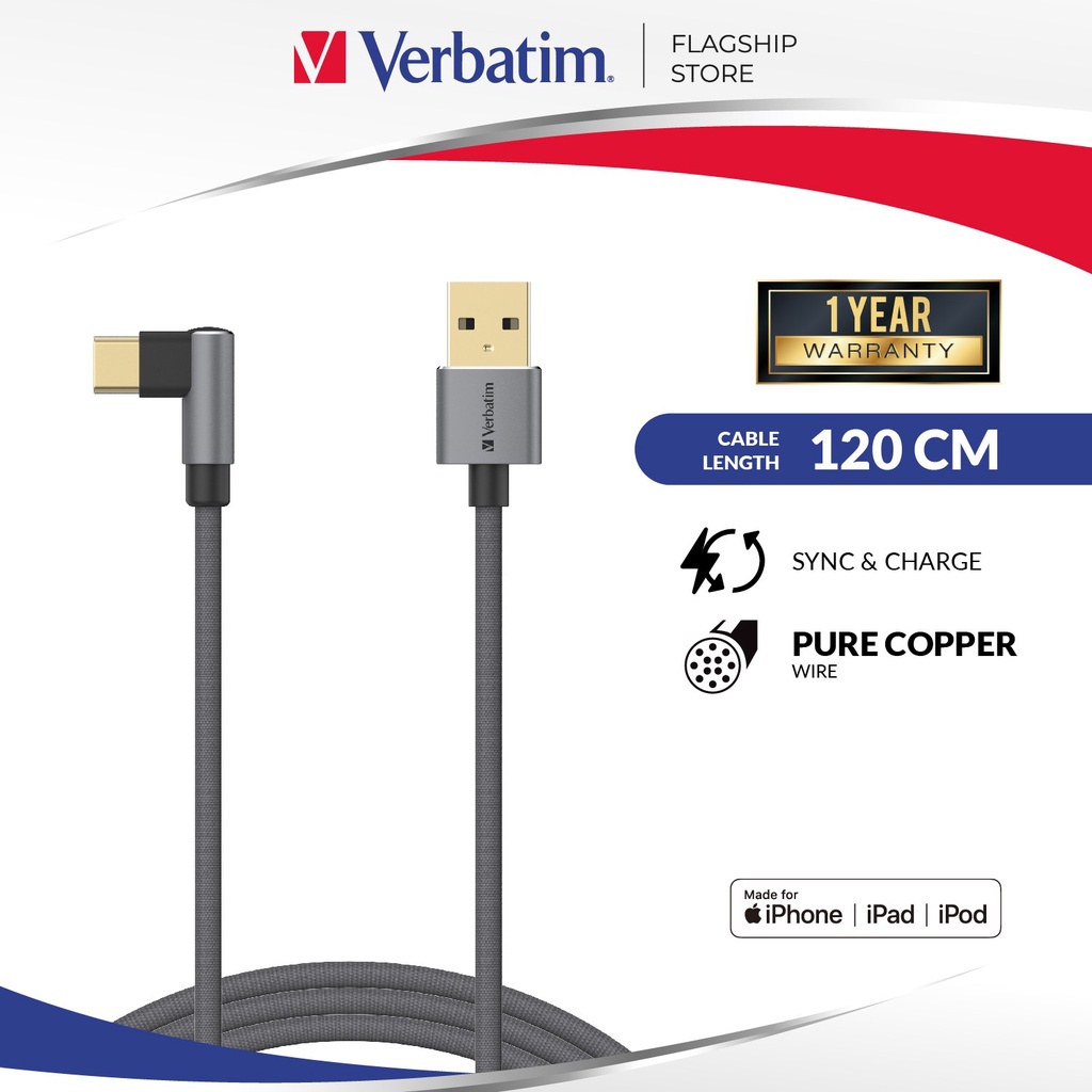 Verbatim L-Shaped Cable (USB Type-C to USB-A) 120cm Quick Charge 3.0 ...