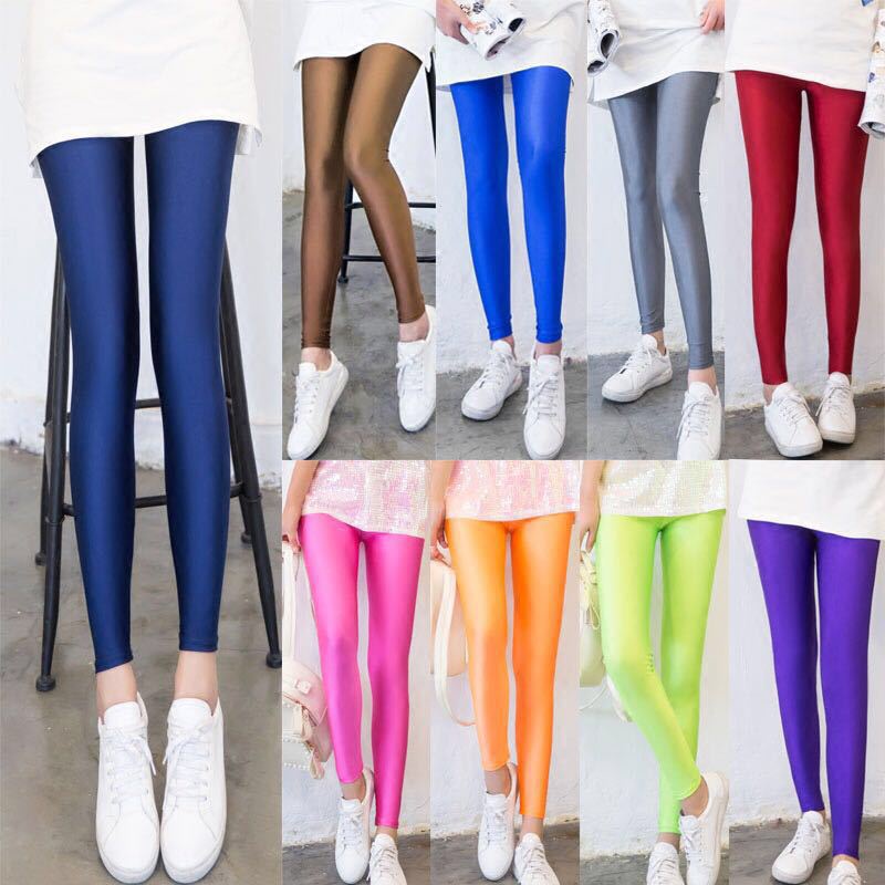 Women's fluorescent color skinny leggings high waist stretch gloss yoga ...