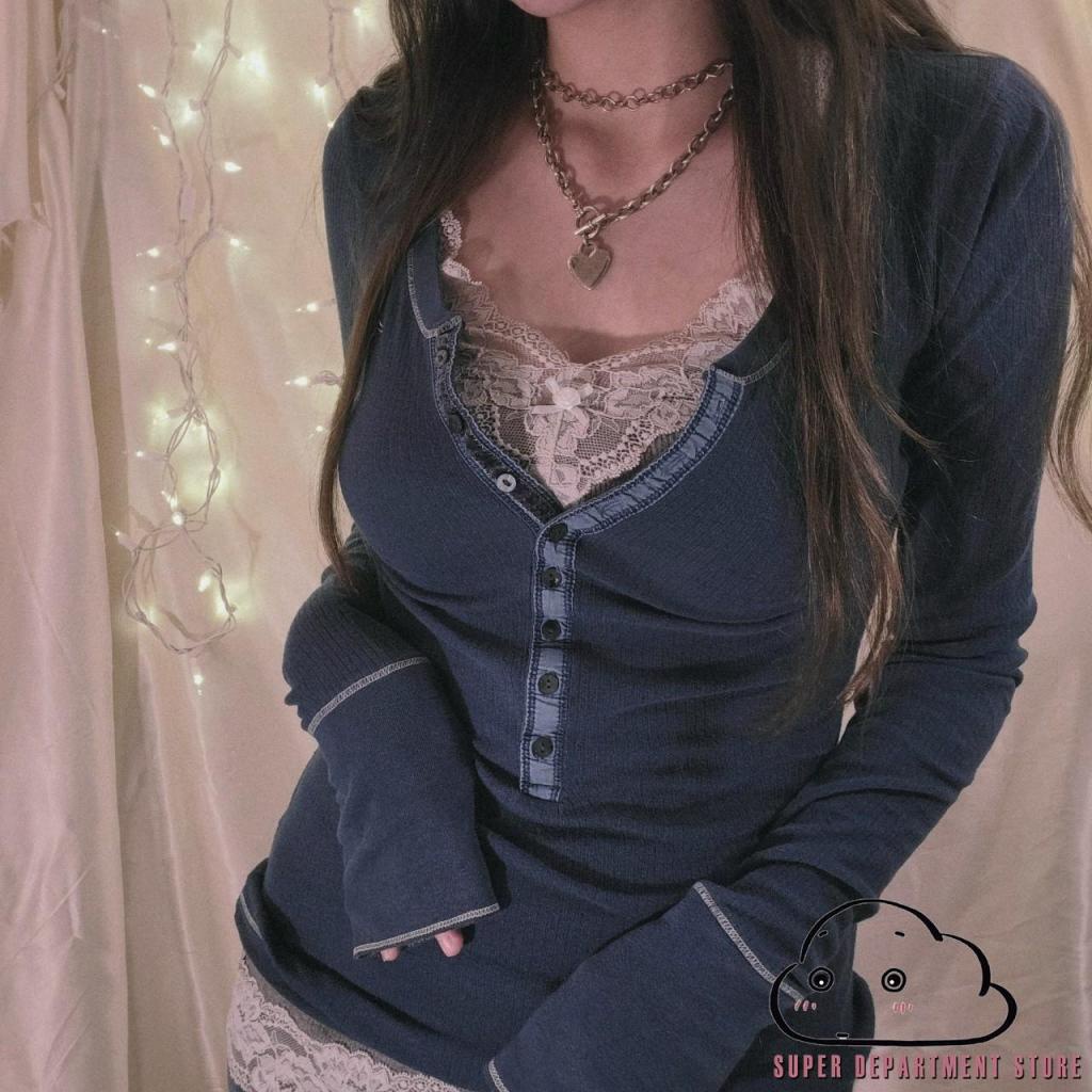 SUPER-Vintage Y2K Crop Tops Retro Rib Knitted T-shirt Chic Button Up ...