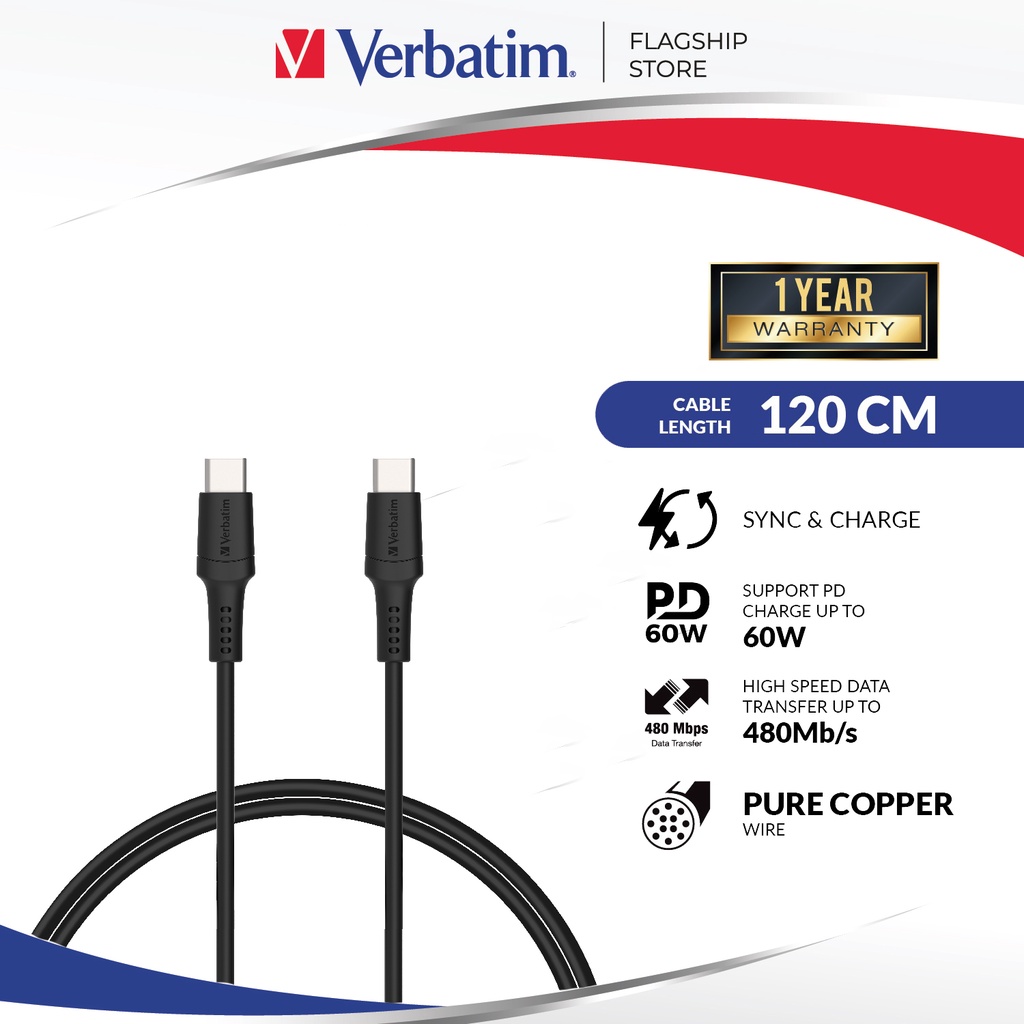 Verbatim Type C to Type C Sync & Charge PVC Cable (120cm) | Shopee ...