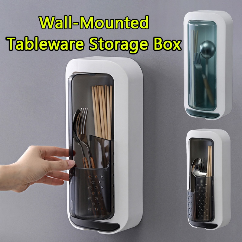 Wall-mounted Rotatable Tableware Storage rack box Waterproof w/Drain ...