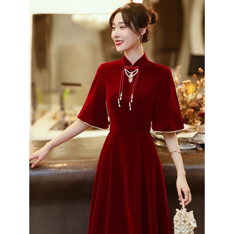 Wine Red Velvet Bride Toast Dress Temperament Engagement Wedding Stand ...