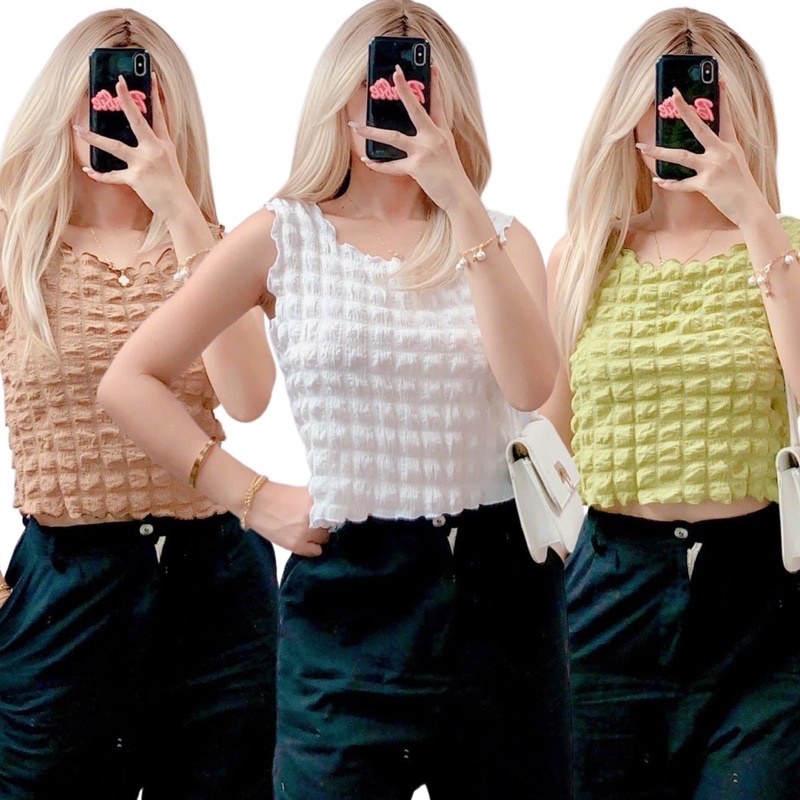 ACC 99SaleShop Square Bubble Fabric Sleeveless Basic Sando Top | Shopee ...