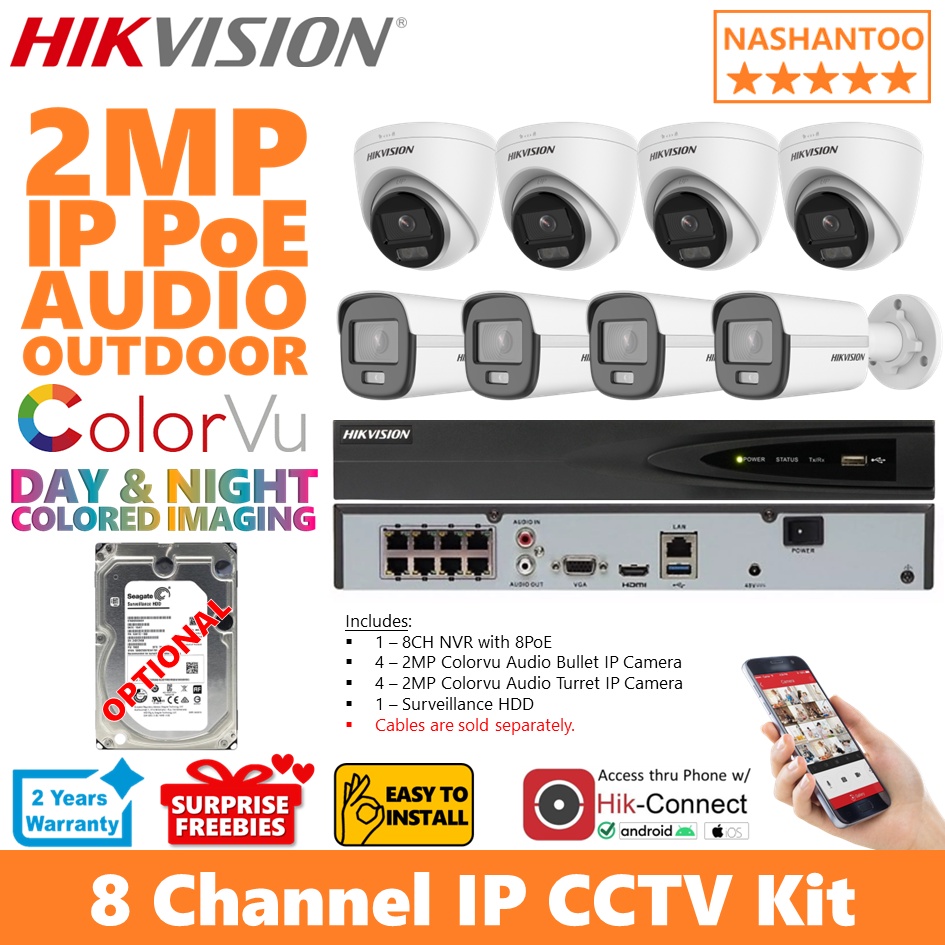 Hikvision 8CH 2MP Colorvu Audio PoE 8Camera Outdoor IP Network DIY ...