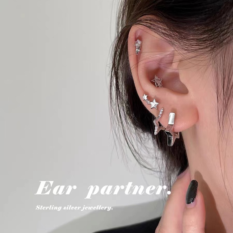 Ear Partner Star S999 Sterling Silver Hoop Earrings Korean Shiny ...