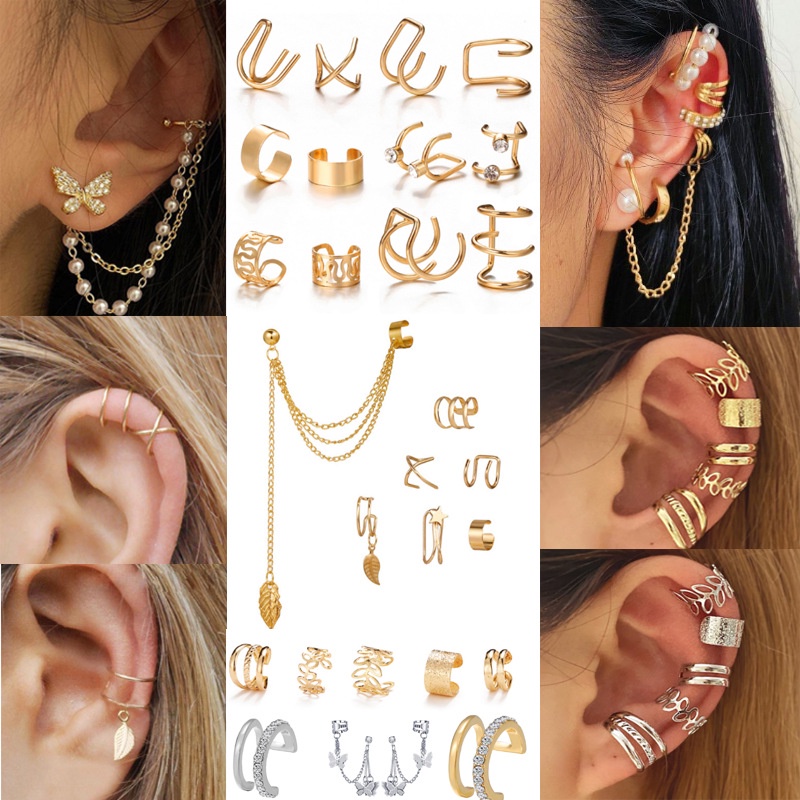 Gold Color Leaves Ear Cuff Black Non-Piercing Ear Clip Earrings for ...