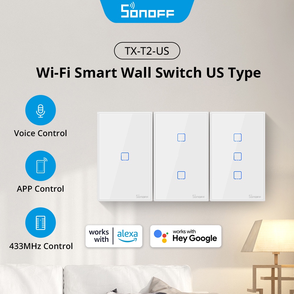 SONOFF T2US TX 1/2/3 Gang 433Mhz WiFi RF Smart Home Touch Wall Switch ...