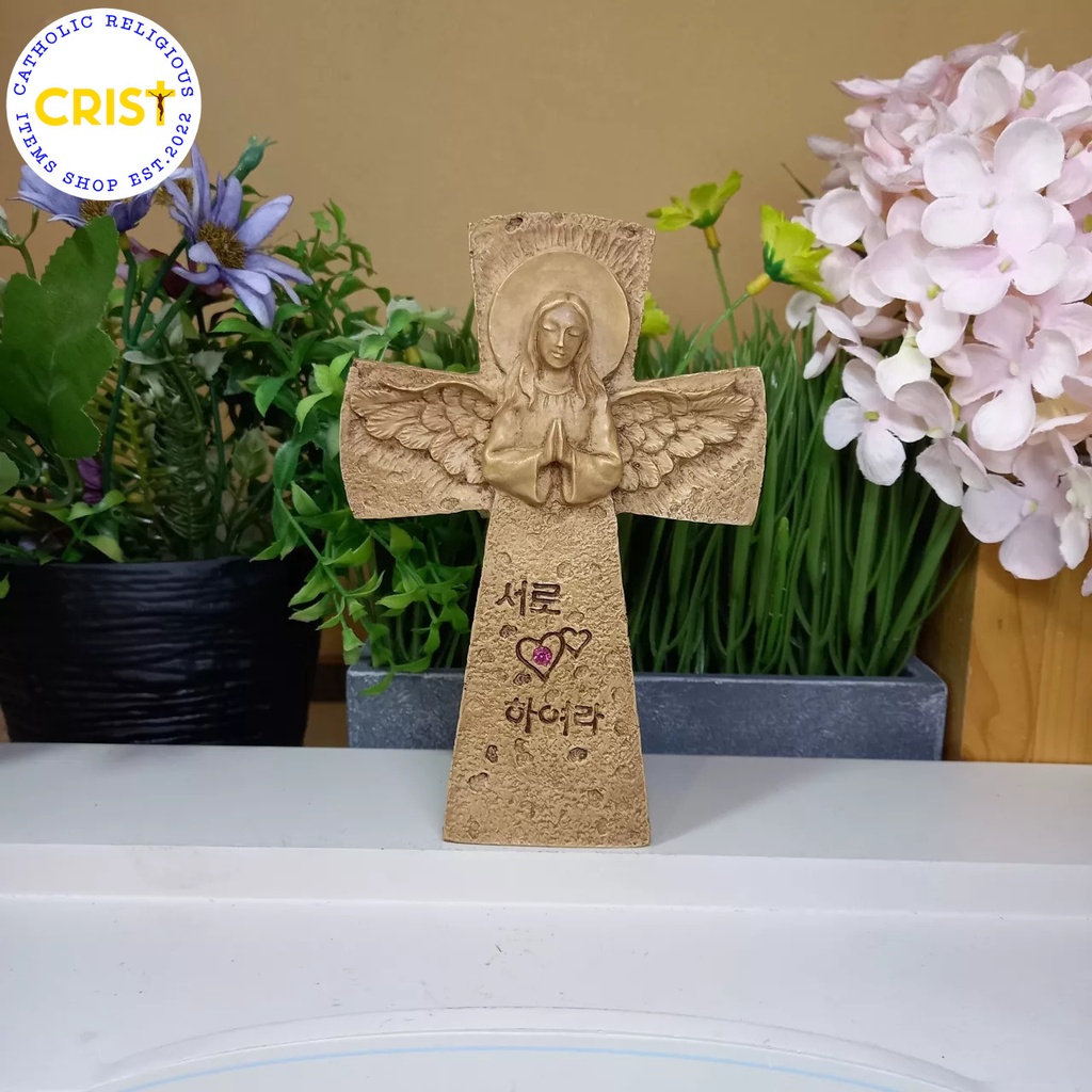 Angel Heart Cross - love each other 9*14cm beige Resin Stone Catholic ...