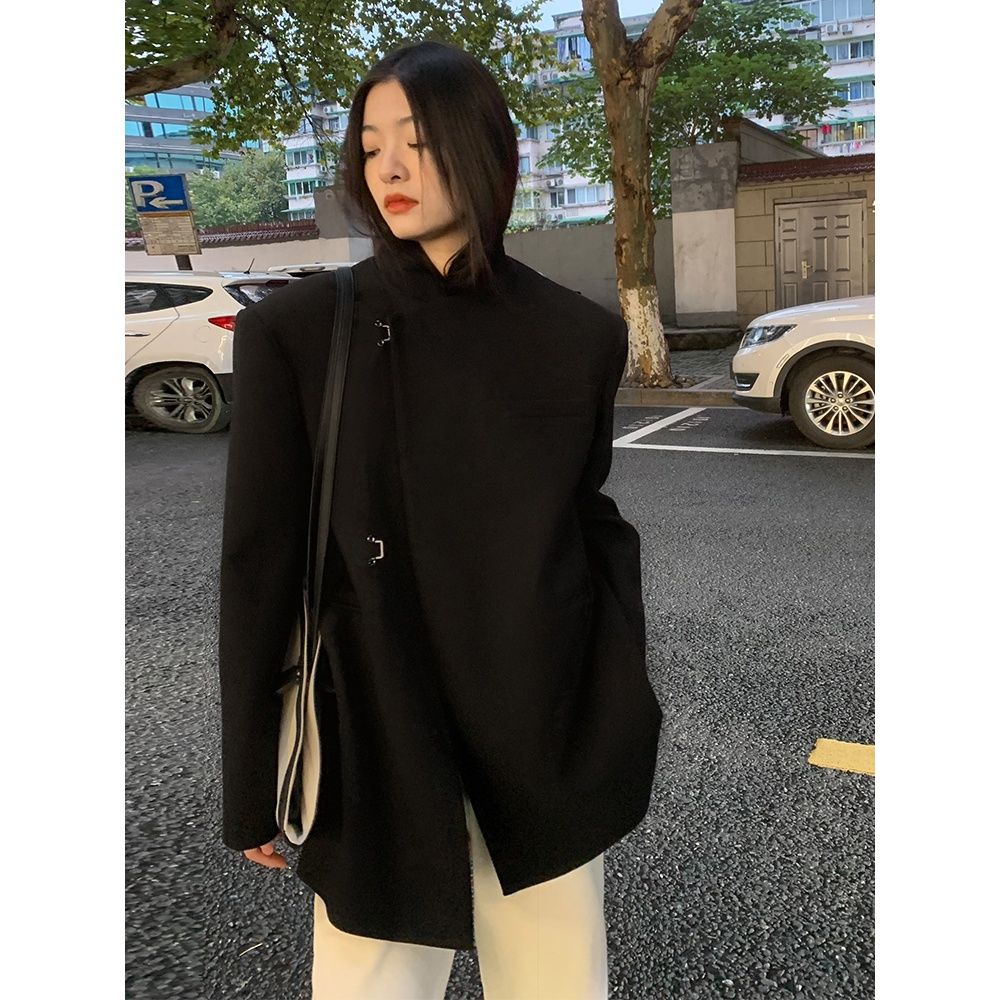 Niche Retro Suit Solid Color Padded Shoulder Black Suit Jacket Women's ...
