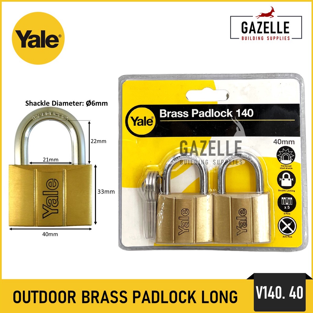 Yale V140 Outdoor Brass Padlock Heavy Duty 25 30mm 40mm 50mm 60mm 70mm 2Pc Keyed Alike Long ...