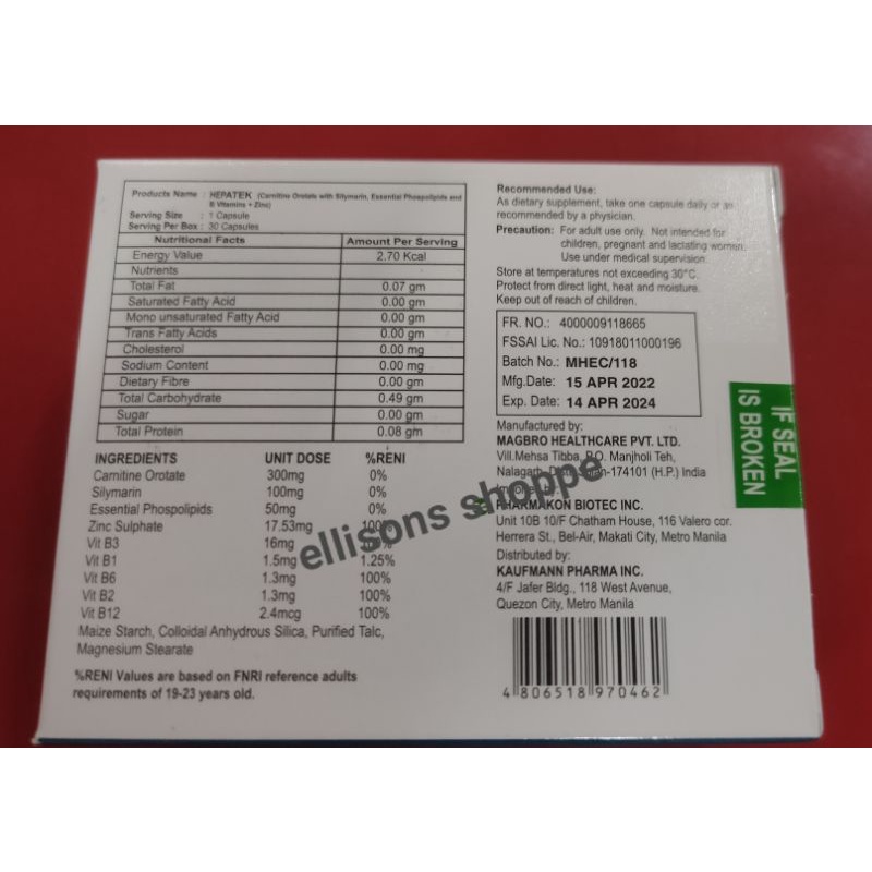 HEPATEK Food Supplement Carnitine Orotate w/ Silymarin, Esst'l ...