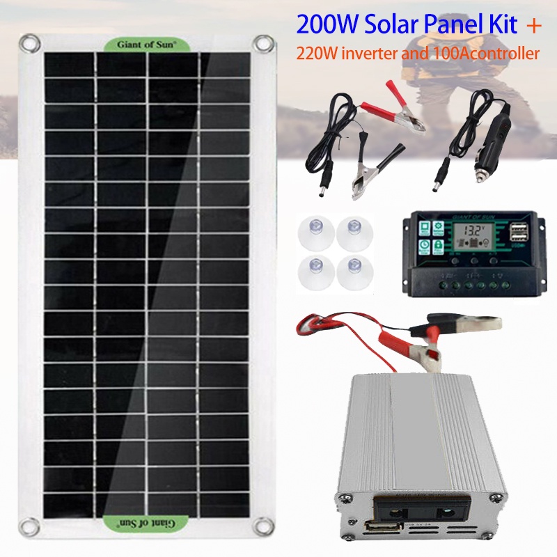 200W Solar Panel Kit with 220W Inverter and 100A Controller USB Kit ...