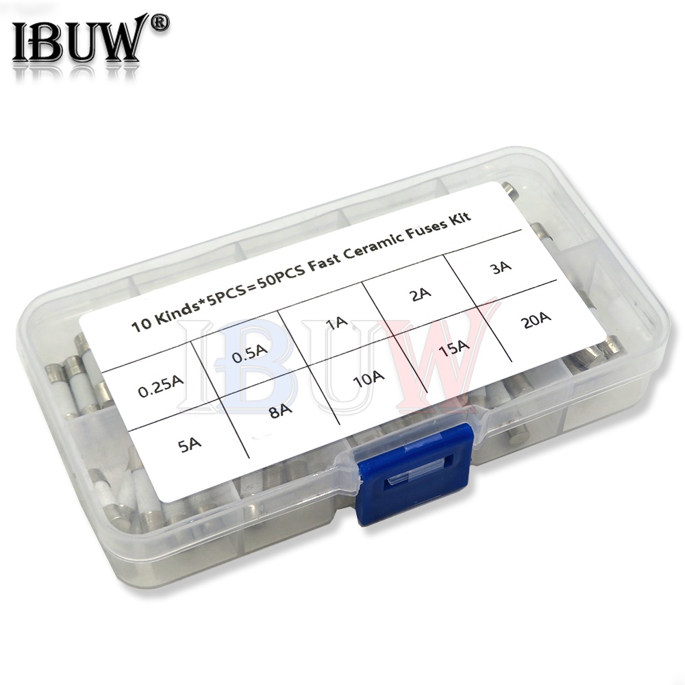 50pcs/box 10 Kinds Fast Ceramic Fuses Kit 250V 5mm x 20mm 0.25A 0.5A 1A ...